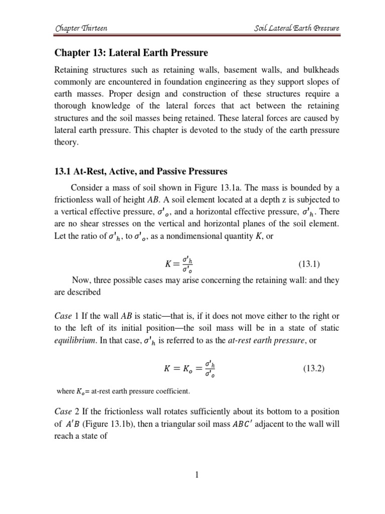Chapter 13: Lateral Earth Pressure: 13.1 At-Rest, Active, and Passive ...