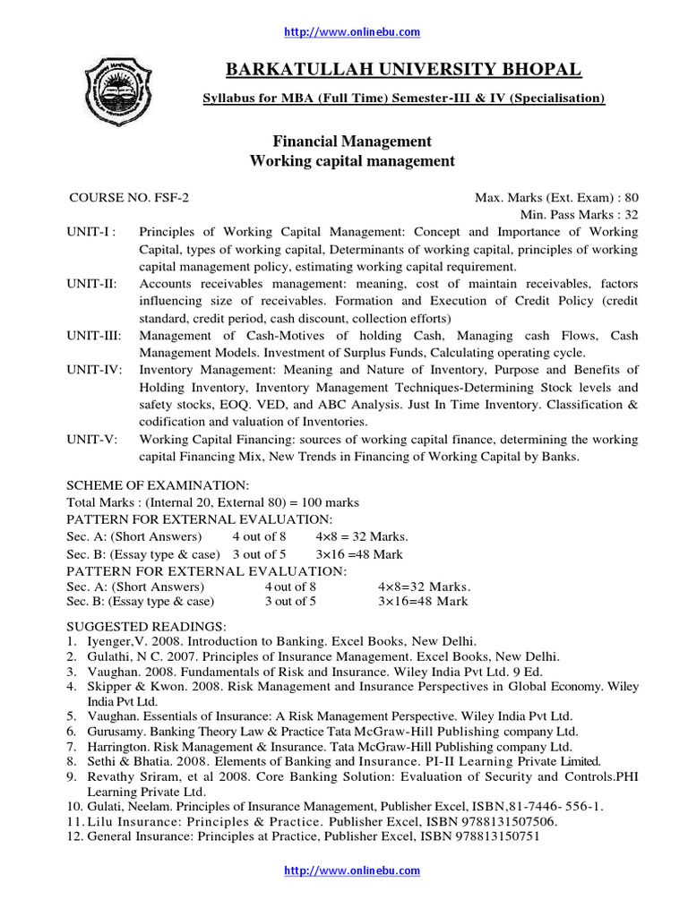 Bu Mba Syllabus Full Time 3 Sem FSF 2 Working Capital Management | PDF ...