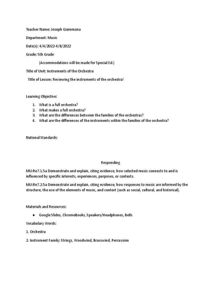 5th Grade Orchestra Instruments Lesson | PDF