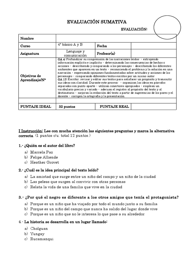 Evaluación Comprensión de Lectura Mi Amigo El Negro | PDF | Evaluación ...