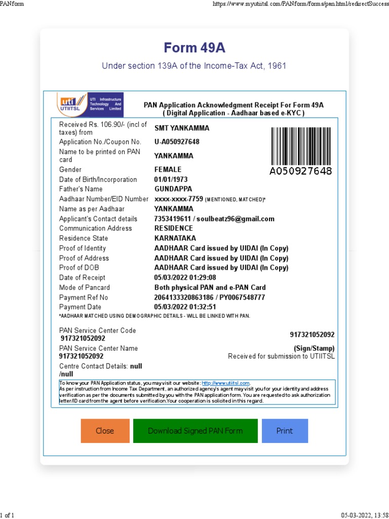 Form 49A: Under Section 139A of The Income-Tax Act, 1961 | PDF | Identity Document | Government ...