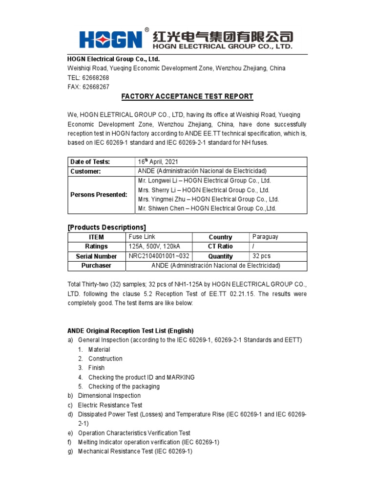 Factory Acceptance Test Report | PDF | Electricity | Electrical Engineering