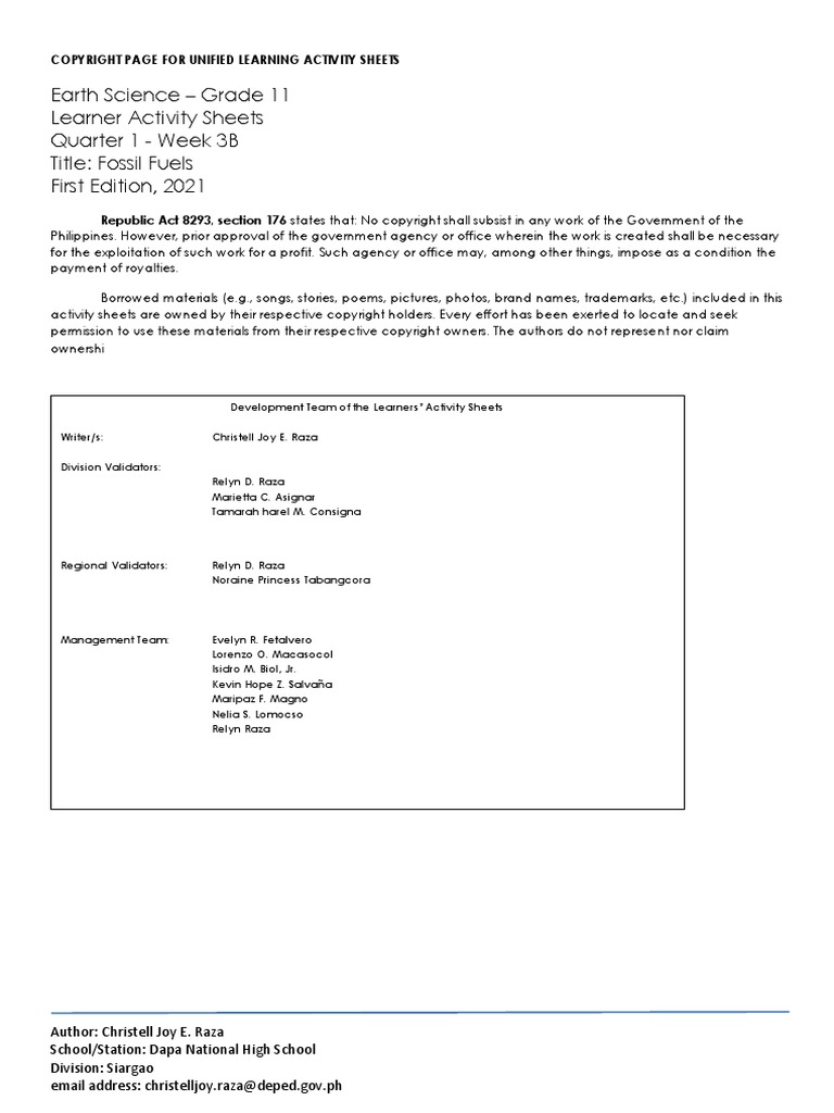 Earth Science - Grade 11 Learner Activity Sheets Quarter 1 - Week 3B Title: Fossil Fuels First ...