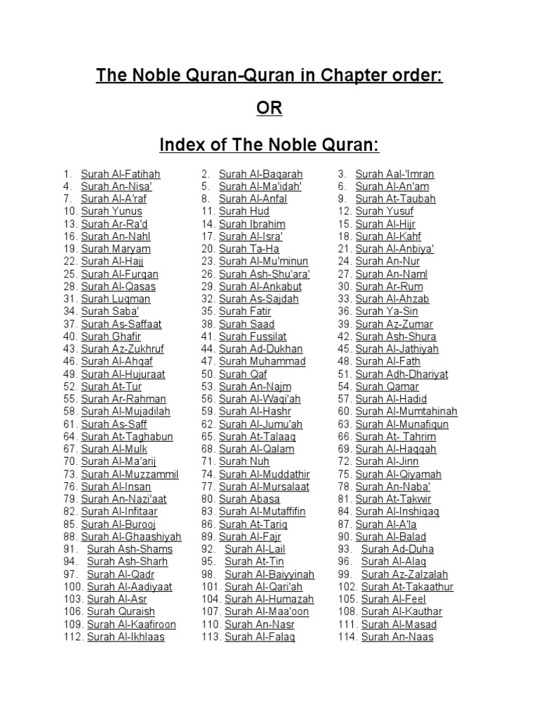 The Noble Quran-Quran in Chapter Order: OR Index of The Noble Quran ...