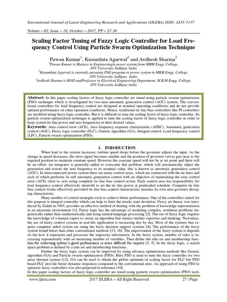 Scaling Factor Tuning of Fuzzy Logic Controller For Load Frequency Control Using Particle Swarm ...