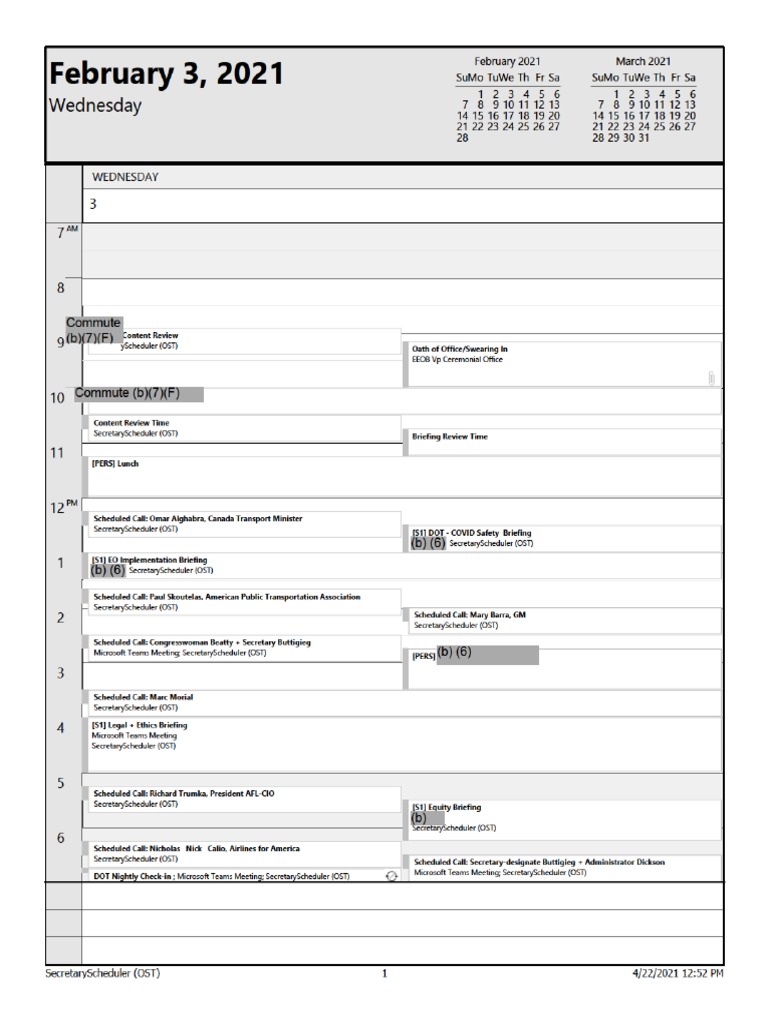 DOT Secretary Calendar Thru Mar 19 2021 - Final | PDF
