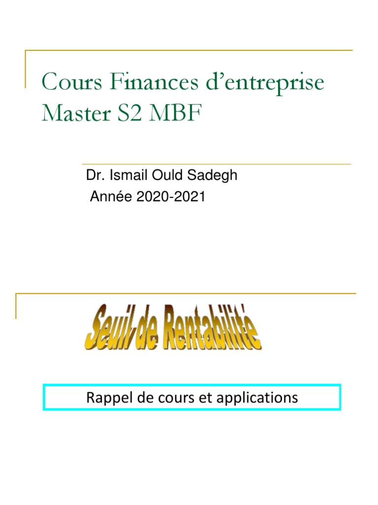 Seuil de Rentabilité et Applications | PDF | Revenu brut | Capitaux propres