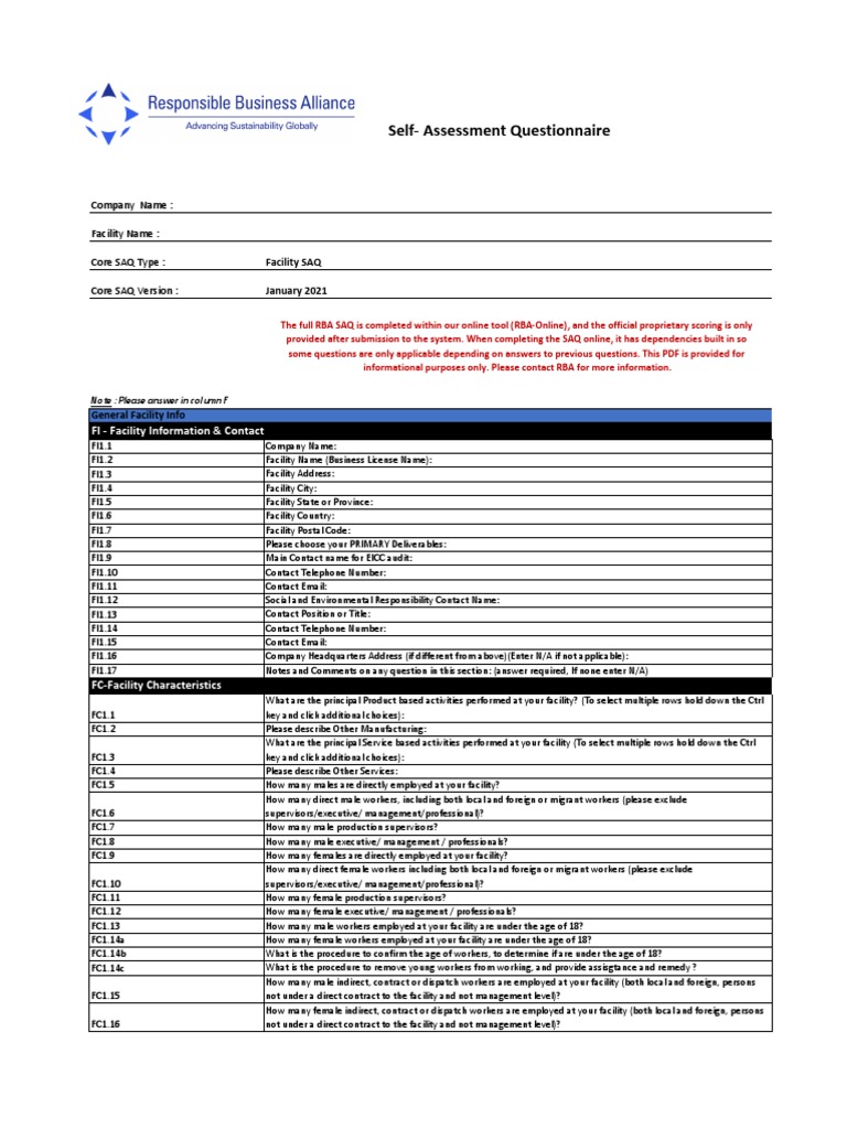 Rba Sample Facility S A Q 2021 | PDF | Occupational Safety And Health ...