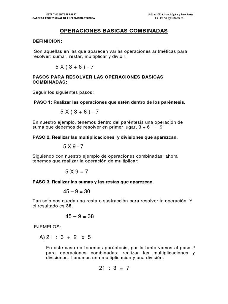 Operaciones Combinadas | PDF | Sustracción | Multiplicación