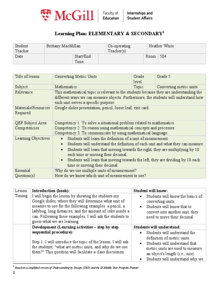 Metric Units Lesson | PDF | Measurement | Learning