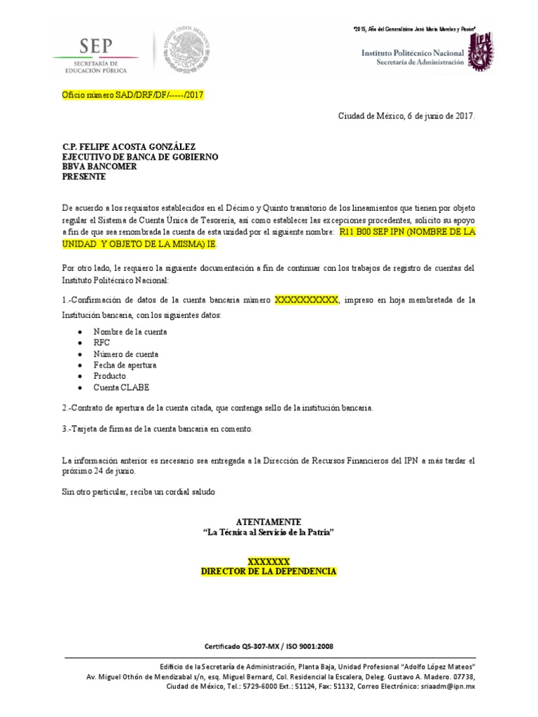 Oficio de Solicitud Al Banco | PDF