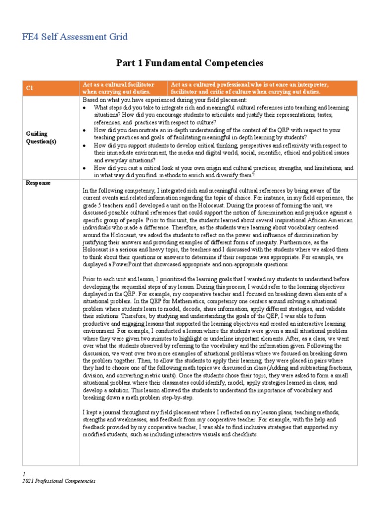 Professional Competencies Self Assessment Grids2 | PDF | Teachers ...