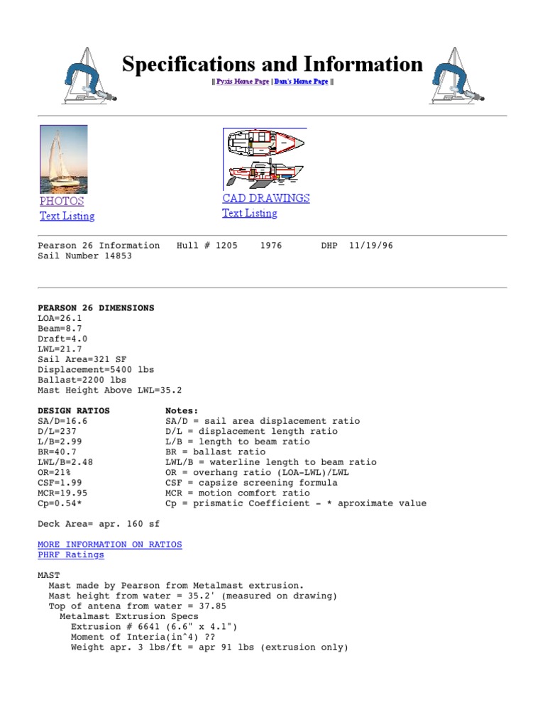 Pearson 26 Sailboat Specifications | PDF | Sail | Rigging