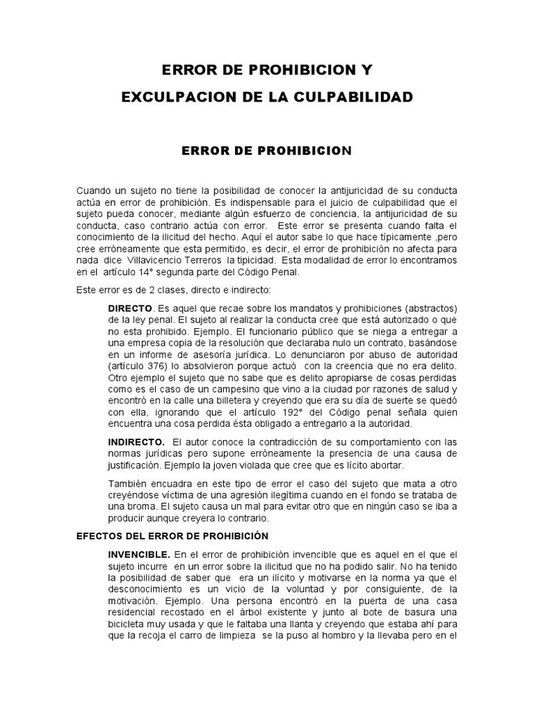Error de Prohibicion y Exculpacion de La Culpabilidad | PDF | Derecho ...