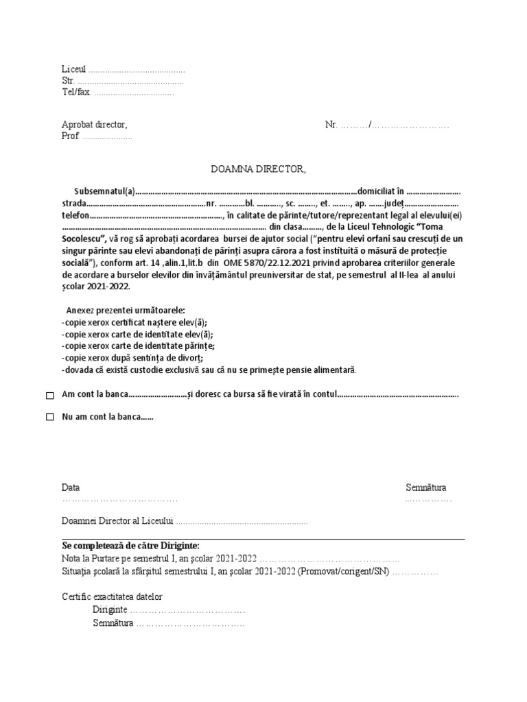 Cerere Bursa Familie Monoparentala F | PDF