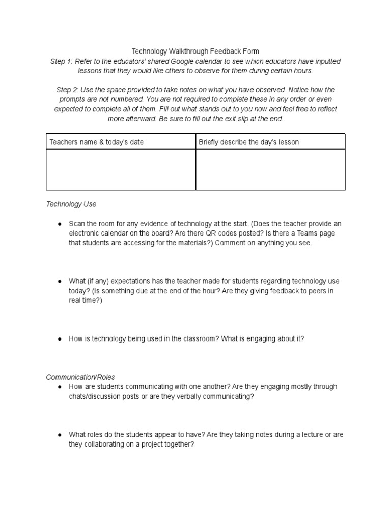 Technology Walkthrough Feedback Form | PDF | Classroom | Teachers