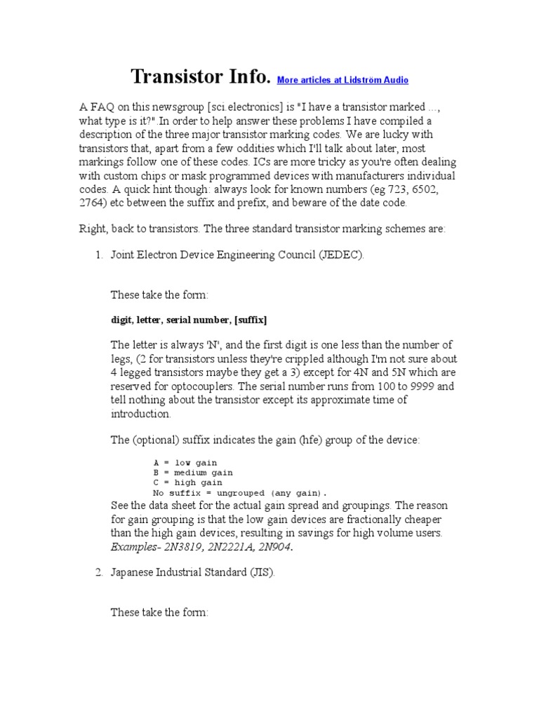 Transistor Info | PDF | Transistor | Field Effect Transistor