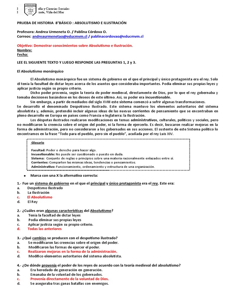 PRUEBA DE HISTORIA 8° BÁSICO ABSOLUTISMO E ILUSTRACIÓN RESPUESTAS CORRECTAS | PDF | Era de ...