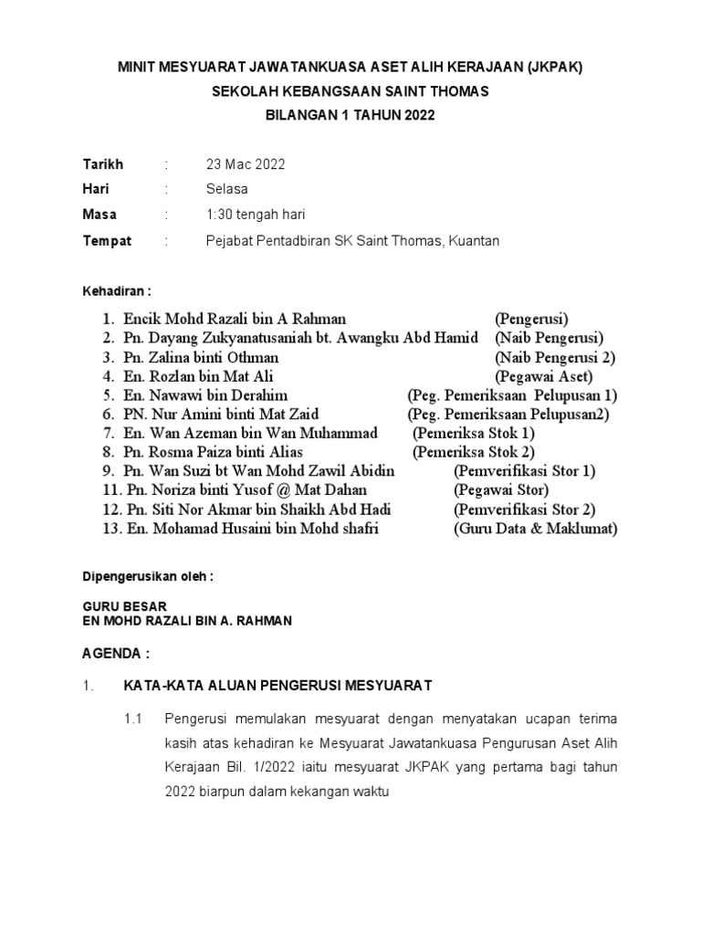 Minit Mesyuarat JKPAK 1 Tahun 2022 | PDF