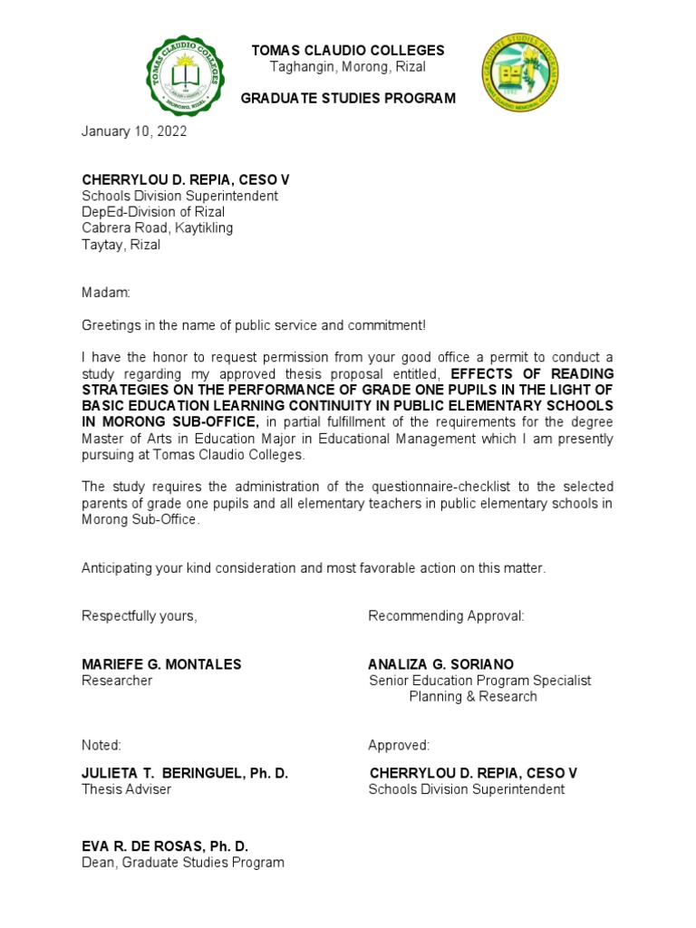 Permit To Study Mariefe G. Montales | Download Free PDF | Doctor Of ...