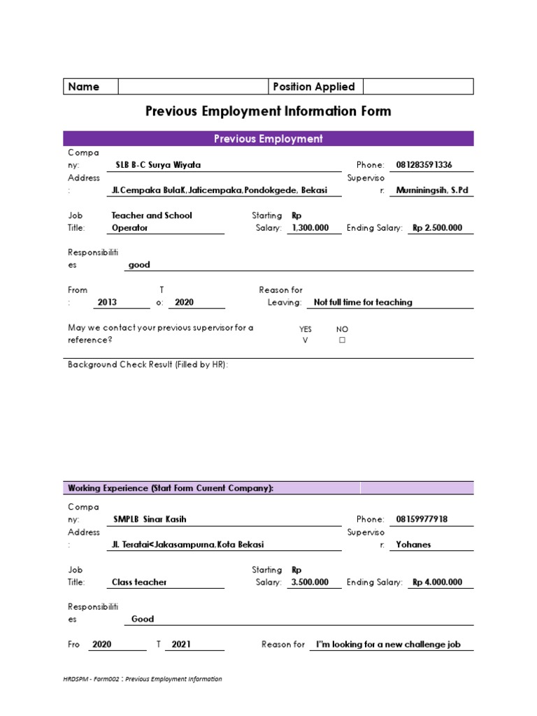 Form02 - Previous Employment Information | PDF | Employment | Labor