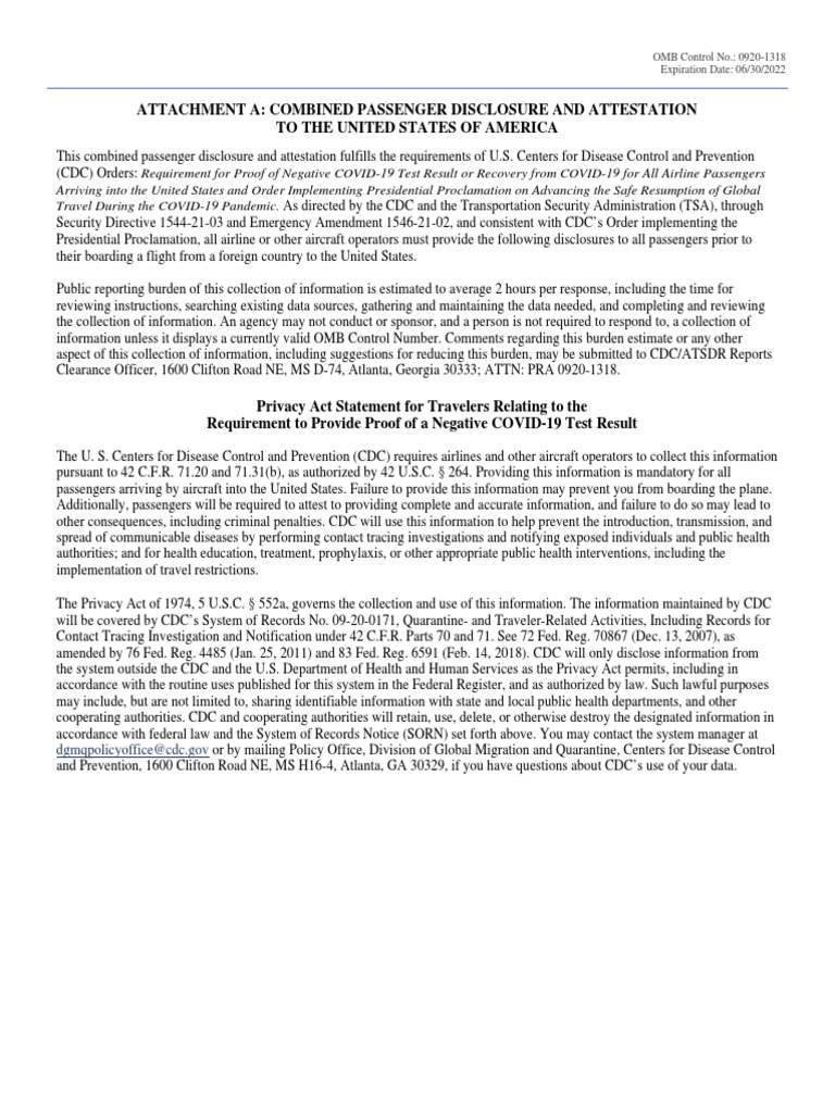 Passenger Attestation Form New 04142022 | PDF | Centers For Disease ...