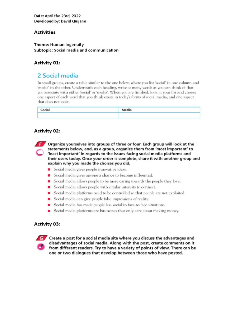Activities Human Ingenuity - Social Media and Communication | PDF