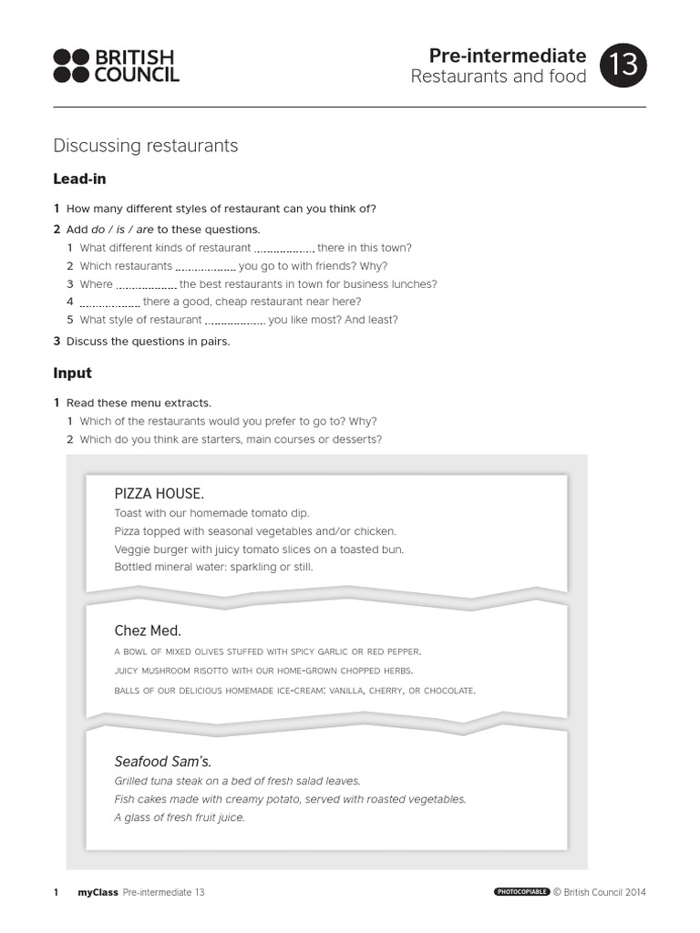 Restaurants and Food: Pre-Intermediate | PDF | Menu | Restaurants