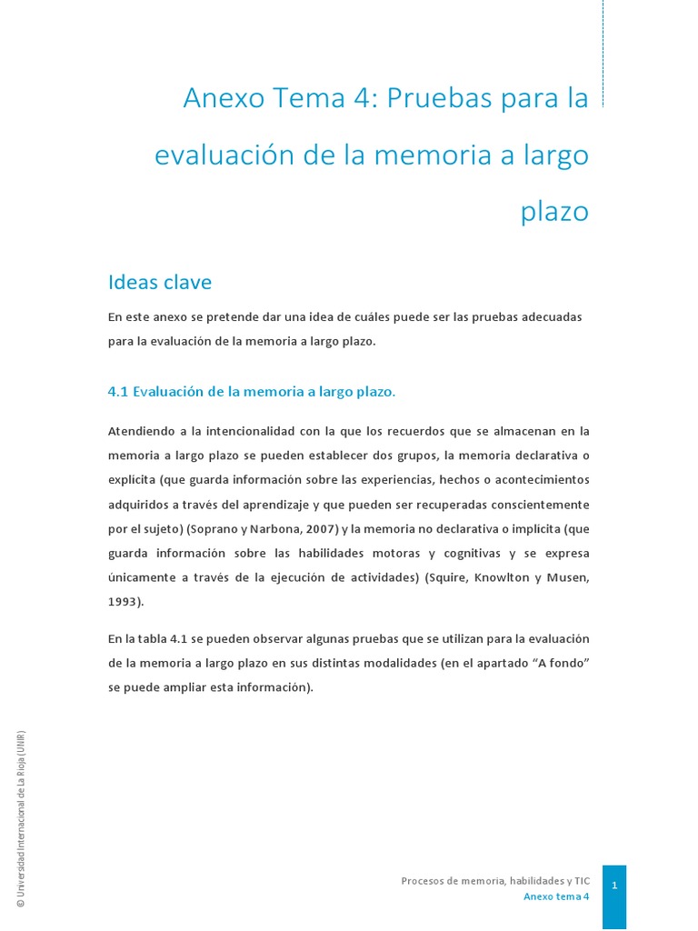 ANEXO 4_TEMA_4 Pruebas Evaluación de La Memoria a Largo Plazo | PDF | Memoria | Sicología