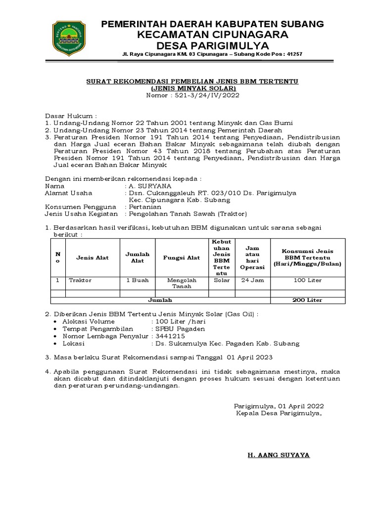 Surat Keterangan Solar Maret | PDF