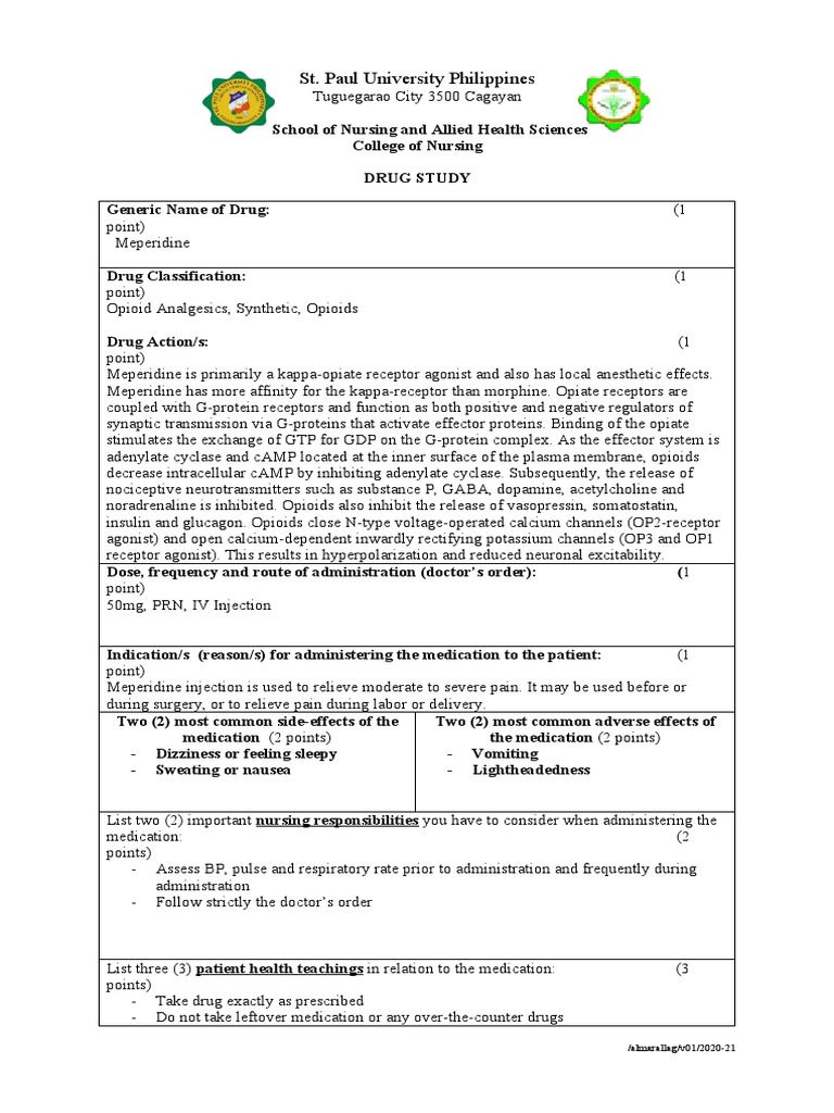 Drug Study Nursing Responsibilities | PDF | Opioid | Nausea