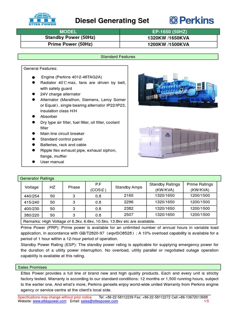Tech Specs of 1650kva Perkins Genset EM-1650 by 4012-46TA2A 50Hz ...