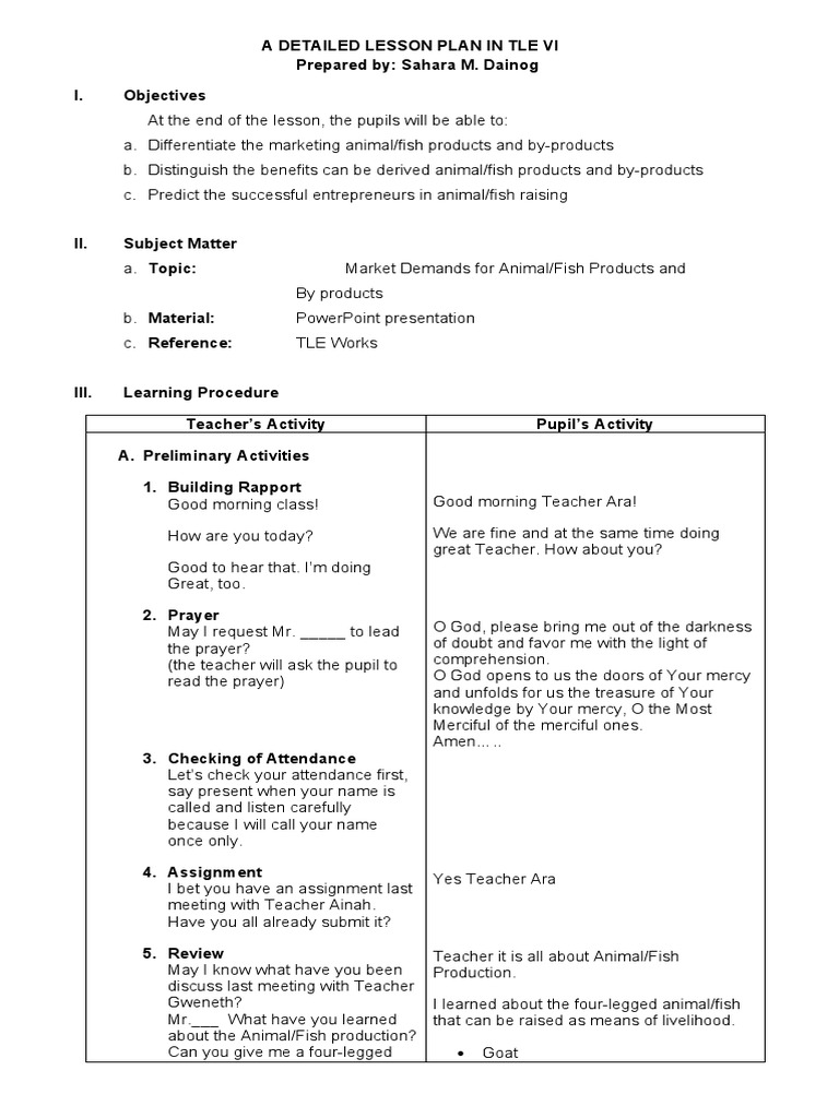 A Detailed Lesson Plan in Tle Vi | PDF | Meat | Fat
