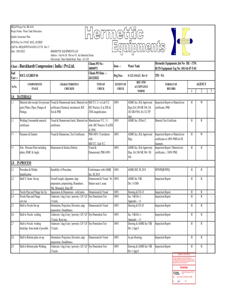 Burckhardt Compression QAP for Water Tank | PDF | Pipe (Fluid ...