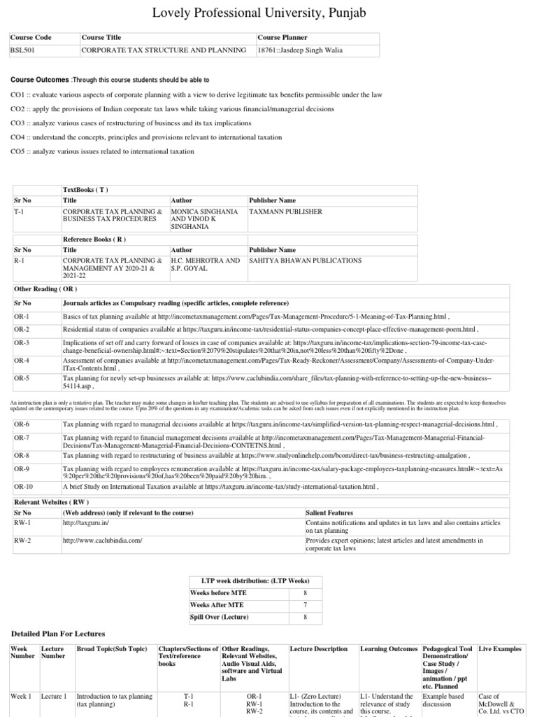 Corporate Tax Structure & Planning Course | PDF | Taxes | Dividend