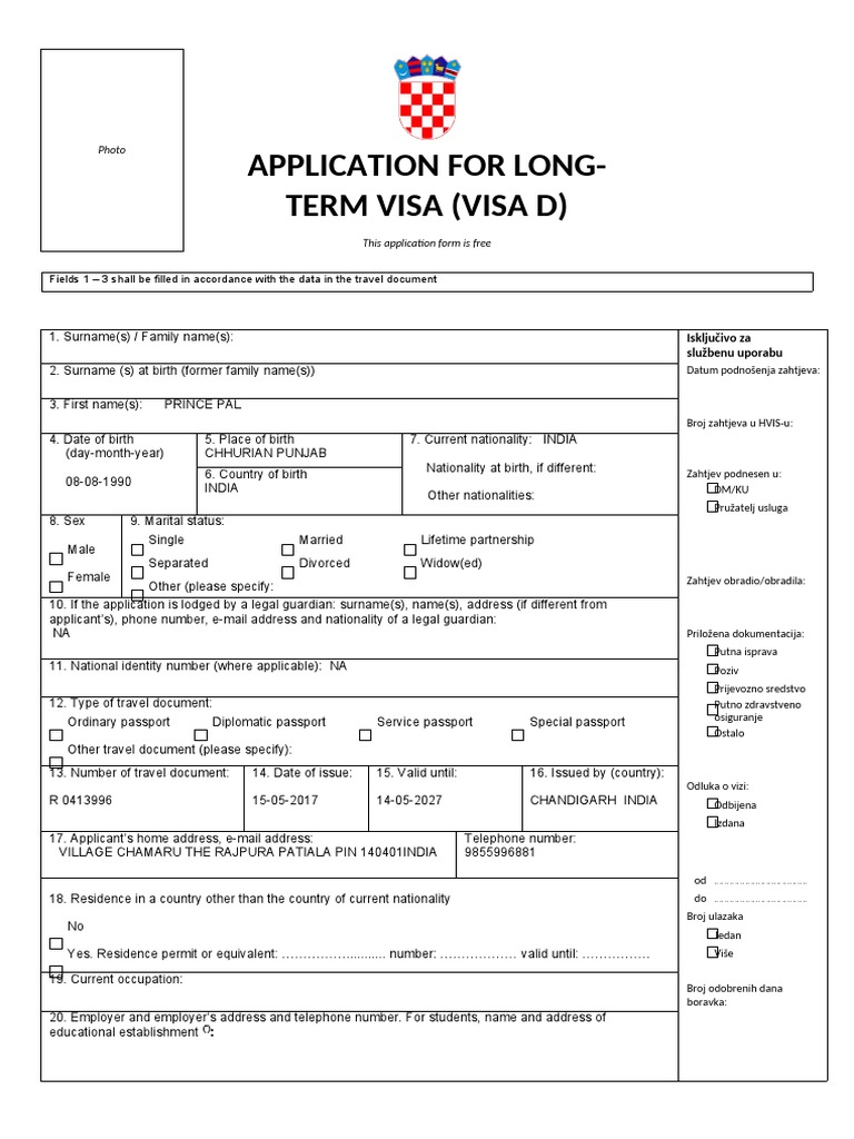 Croatia Long-Term Visa Application Form | PDF | Travel Visa | Croatia