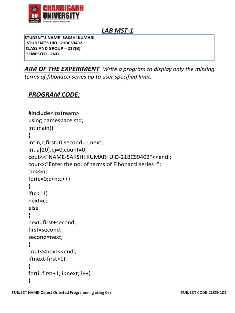 Lab Mst-1: Write A Program To Display Only The Missing Terms of Fibonacci Series Up To User ...