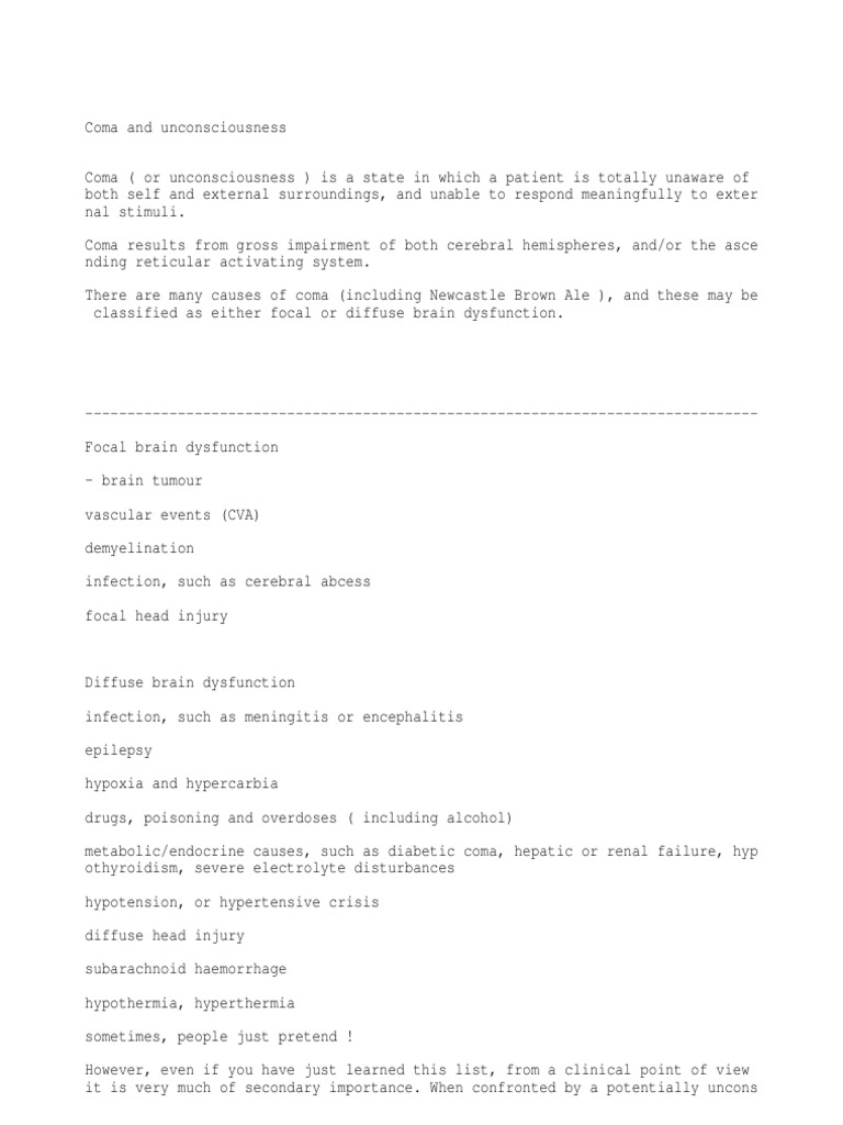 Unconscious Patient Care and Management | PDF | Coma | Nervous System