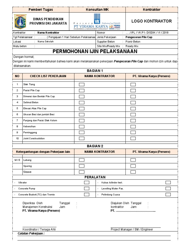 Form Permohonan Ijin Pelaksanaan (Kontraktor) | PDF
