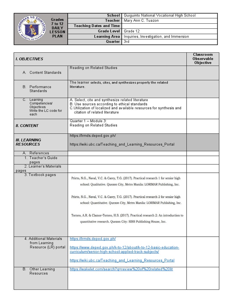 DLP Sample For Classroom Observation | PDF