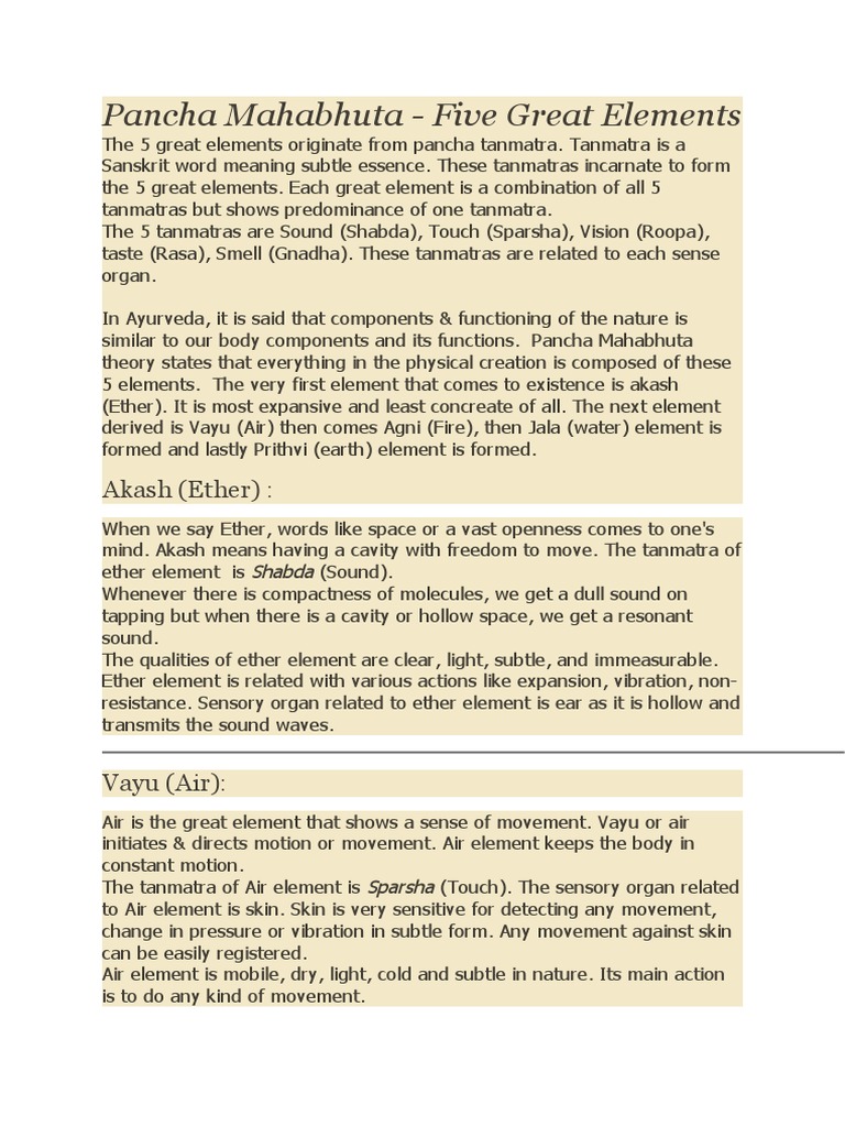 Pancha Mahabhuta - Five Great Elements: Akash (Ether) | PDF | Senses | Perception