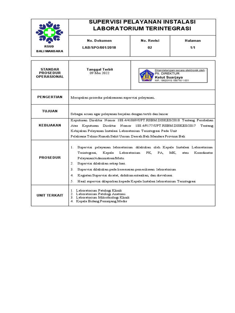 001 Spo Supervisi Pelayanan Laboratorium | PDF