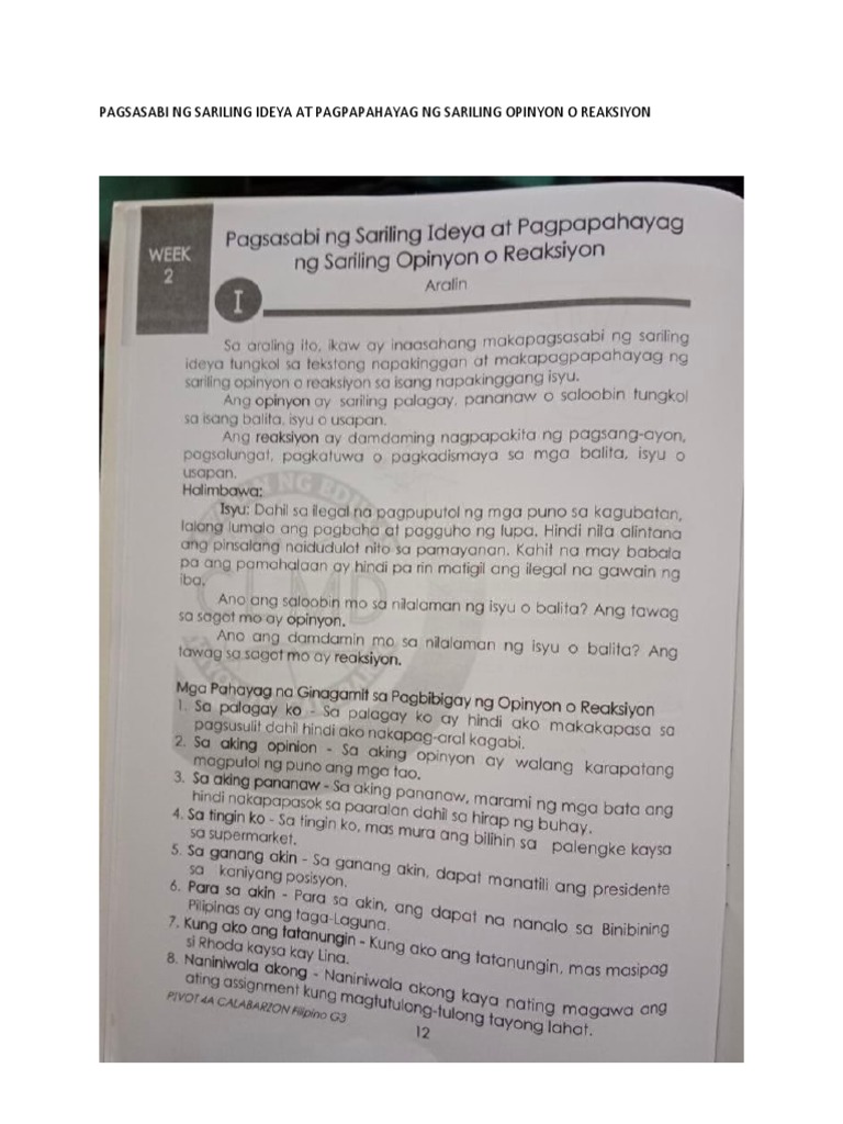 Pagsasabi NG Sariling Ideya at Pagpapahayag NG Sariling Opinyon o ...