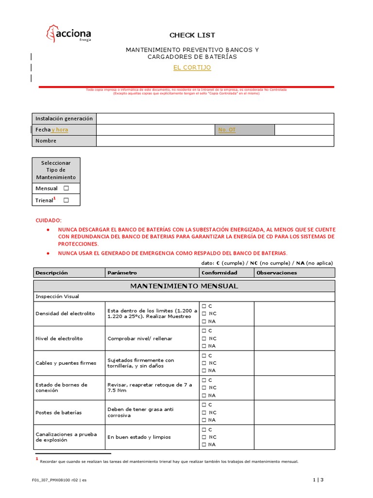 Checklist - Banco de Baterias y Cargadores (El Cortijo) | PDF ...