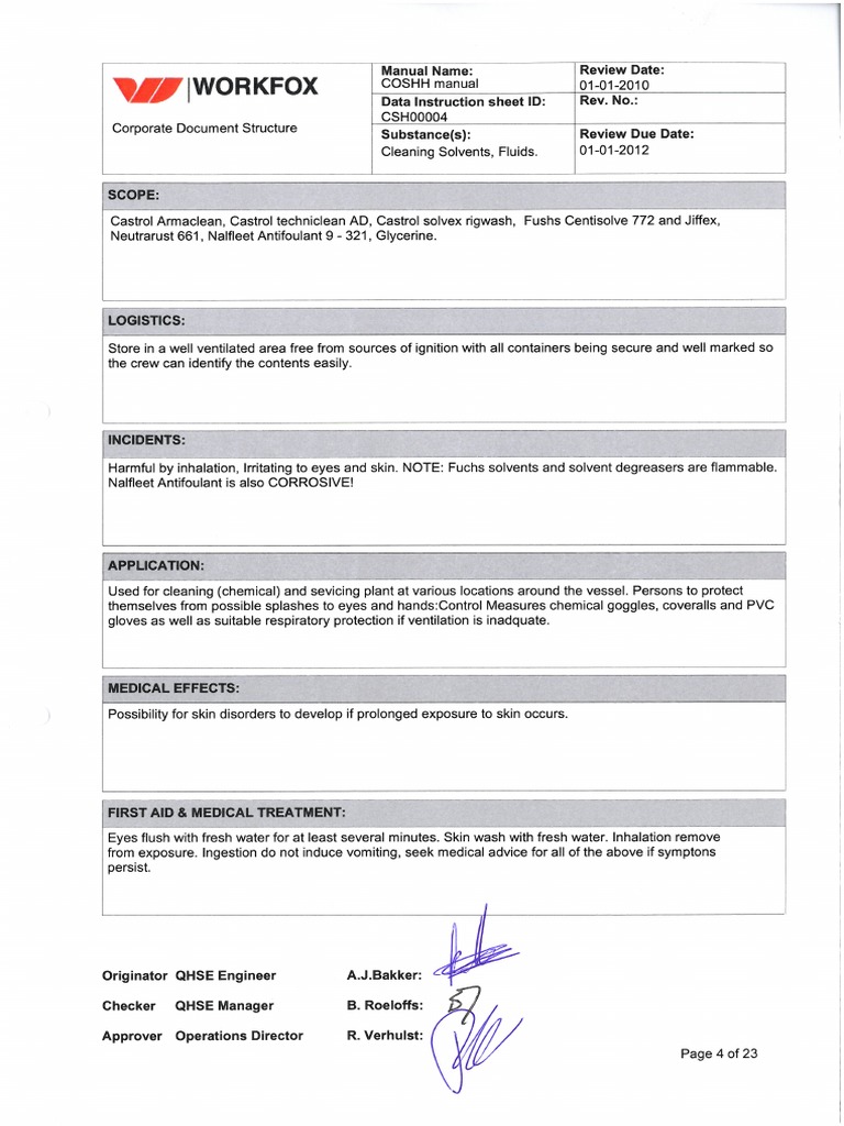 COSHH Sheet 4 Cleaning Solvents, Fluids | PDF