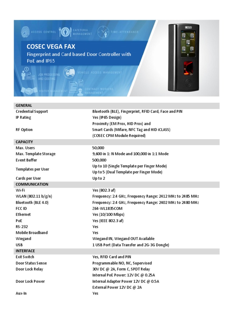 Matrix - Technical Specification - COSEC VEGA FAX | PDF | Bluetooth | Information Age