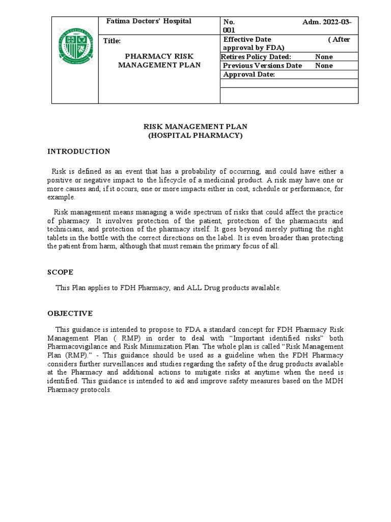 Pharmacy Risk Management Plan | PDF | Pharmacist | Pharmacy