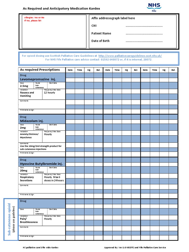 Anticipatory and PRN Kardex Nhs Fife v11 | PDF | Palliative Care | Opioid