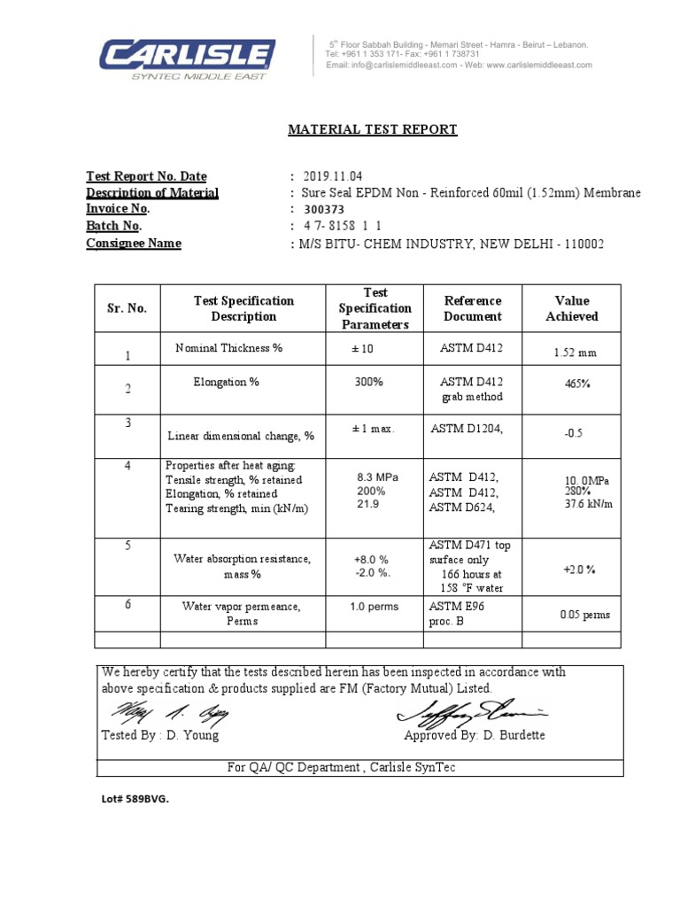 Carlisle Epdm 60 MIL MTC - III | PDF | Building Materials | Materials ...