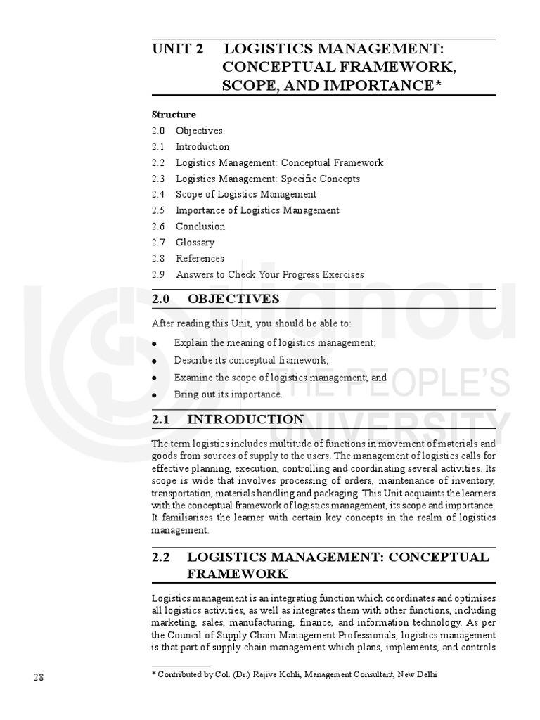 Unit 2 Logistics Management: Conceptual Framework, Scope, and ...